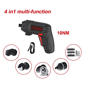 Werktough 4V Cordless Screwdriver Rechargeable 1500mAh Electric Screwdriver Set with 4 Changeable Heads for Cutting 90°Conversion Eccentric and Torque Adjustable Quick USB Charger