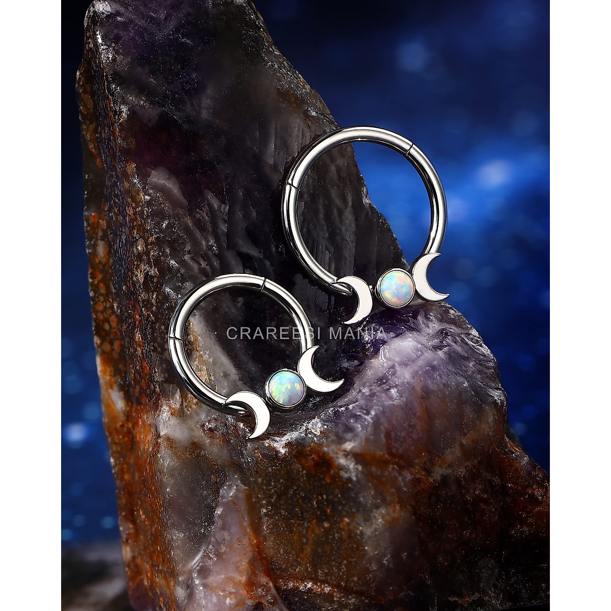 CM Crareesi Mania Septum Jewelry 16G Moon Septum Rings 316L Stainless Steel Daith Piercing Jewelry Helix Earrings for Women Opal Septum Piercing Jewelry