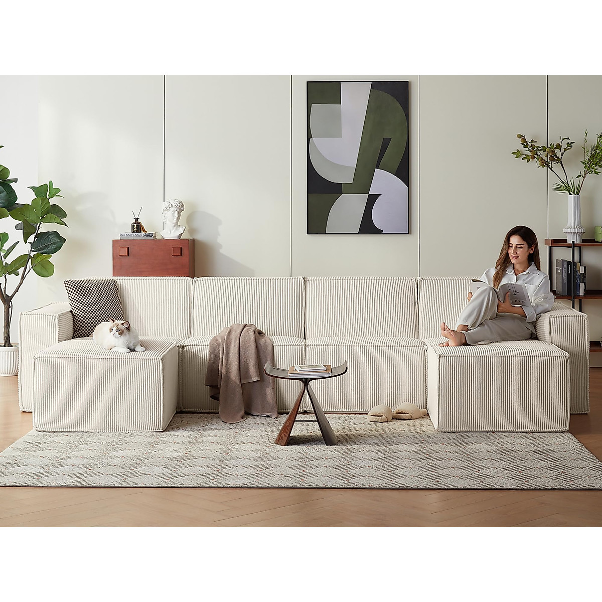 LINSY HOME Oversized Deep Modular Sectional Sofa, Cloud Couch L Shaped 4-Seat Sofa with Ottoman, Corduroy Sectional Couches for Living Room, No Assembly Required, Beige