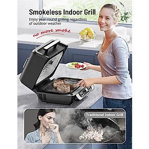 Indoor Grill and Air Fryer Combo, Paris Rhône Electric Indoor Grill Smokeless, 12-in-1 for Grill, Griddle, Slow Cook, Broil, Bake, Crisp, Roast, Dehydrate, Dual Heating Elements, Easy Knob Control