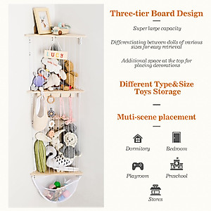 Stuffed Animal Storage Wood Soft Toy Shelf with Hooks and Mesh Organizer 3-in-1 Splice and Length Adjustable Hanging Stuffed Animal Zoo Toy Organizer Shelf for Nursery Play Room Bedroom Kid Room