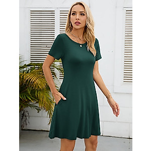 KORSIS Summer Dresses for Women Dark Green Medium Casual T Shirt Dresses Short Sleeve Swing Flowy Ladies Beach Vacation Sundress with Pockets