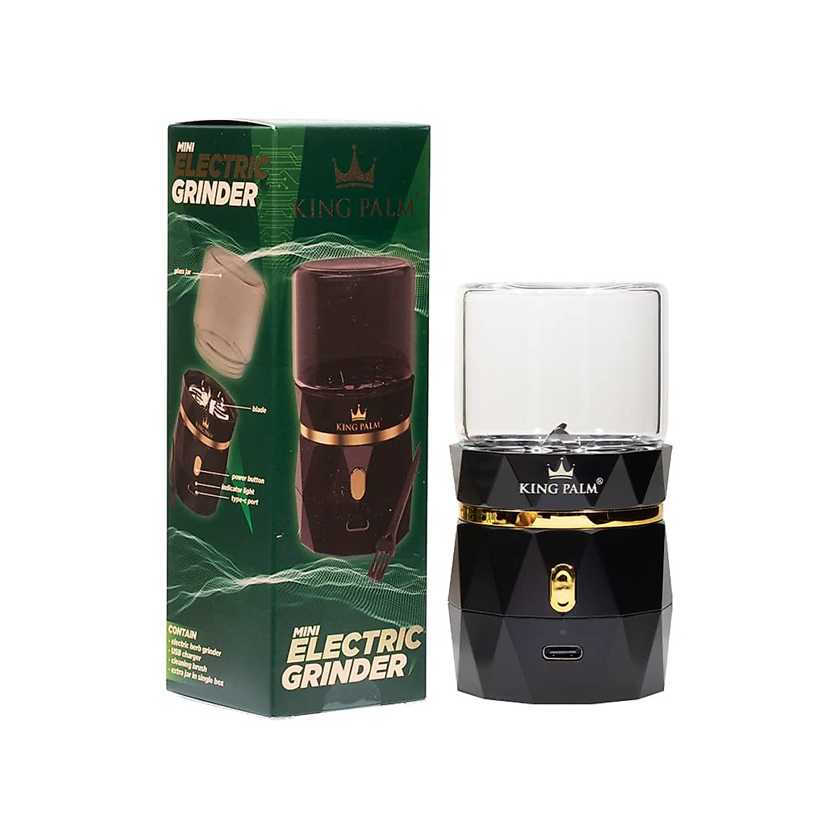 King Palm Electric Herb Grinder - Portable Herb Grinder with USB type-C Charger - Herb Spices Coffee Grinder with Extra Jar - Black