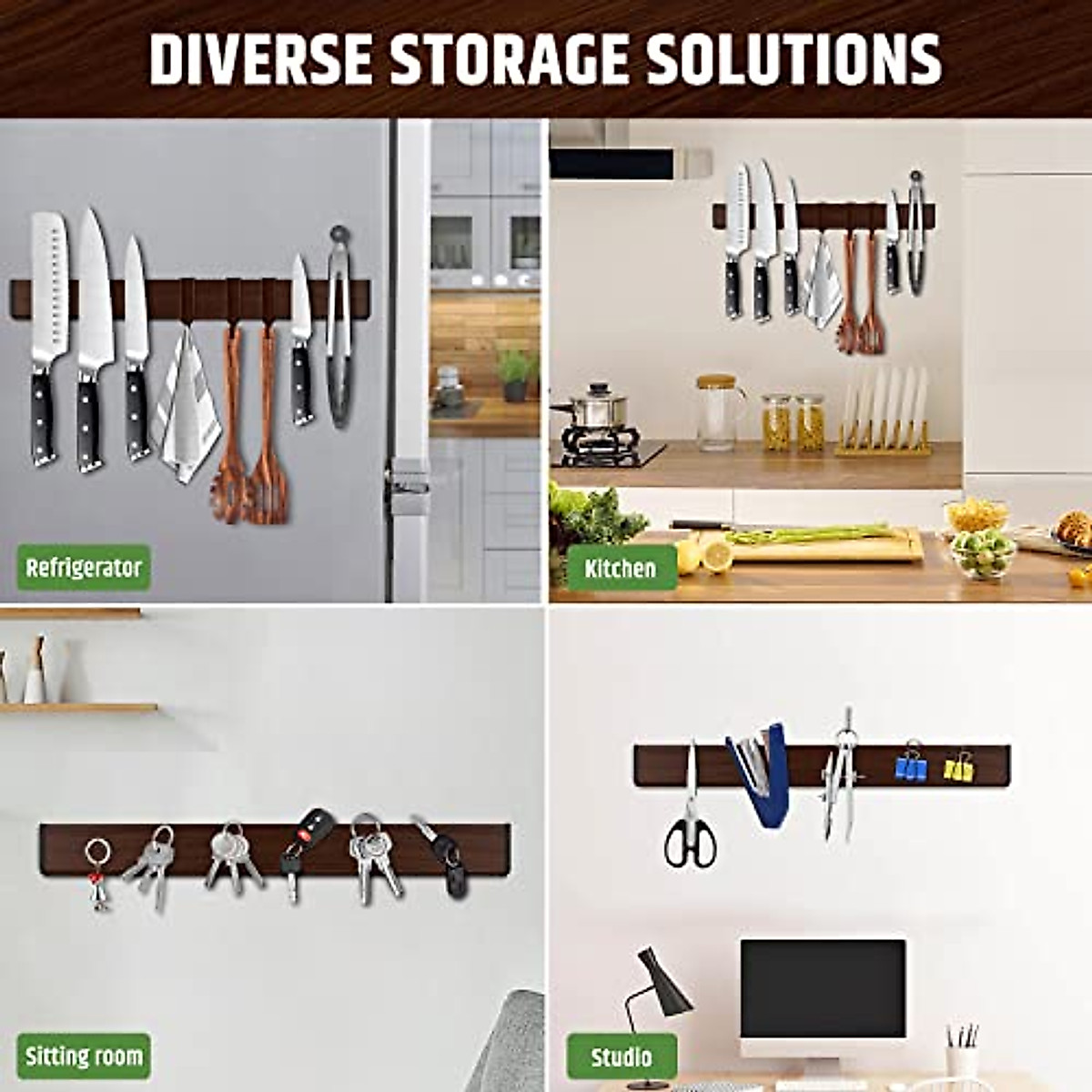Fridge Applicable 17 inch Walnut Wood Grain Knife Magnetic Strip No Drilling,Magnetic Knife Holder For Wall,Magnetic Knife Rack,Magnetic Knife Bar