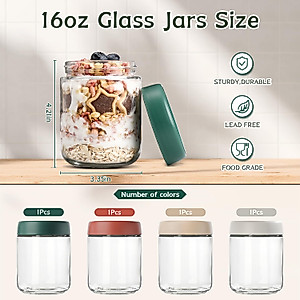 DIMBRAH Overnight Oats Containers with Lids, Mason Jars 16oz with Lids - Set Of 4, Practical Oatmeal Container to Go, Chia Seed Pudding Jars, with Spoon and Marker