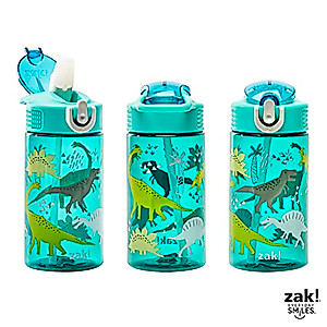 Zak Designs Kids Water Bottle For School or Travel, 16oz Durable Plastic Water Bottle With Straw, Handle, and Leak-Proof, Pop-Up Spout Cover (Dinosaur)