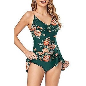 Husmeu Womens Modest One Piece Swimsuits Swimdress Slimming Swim Dress Bathing Suit for Women Tummy Control Swimwear Swimdress Floral Printed XL