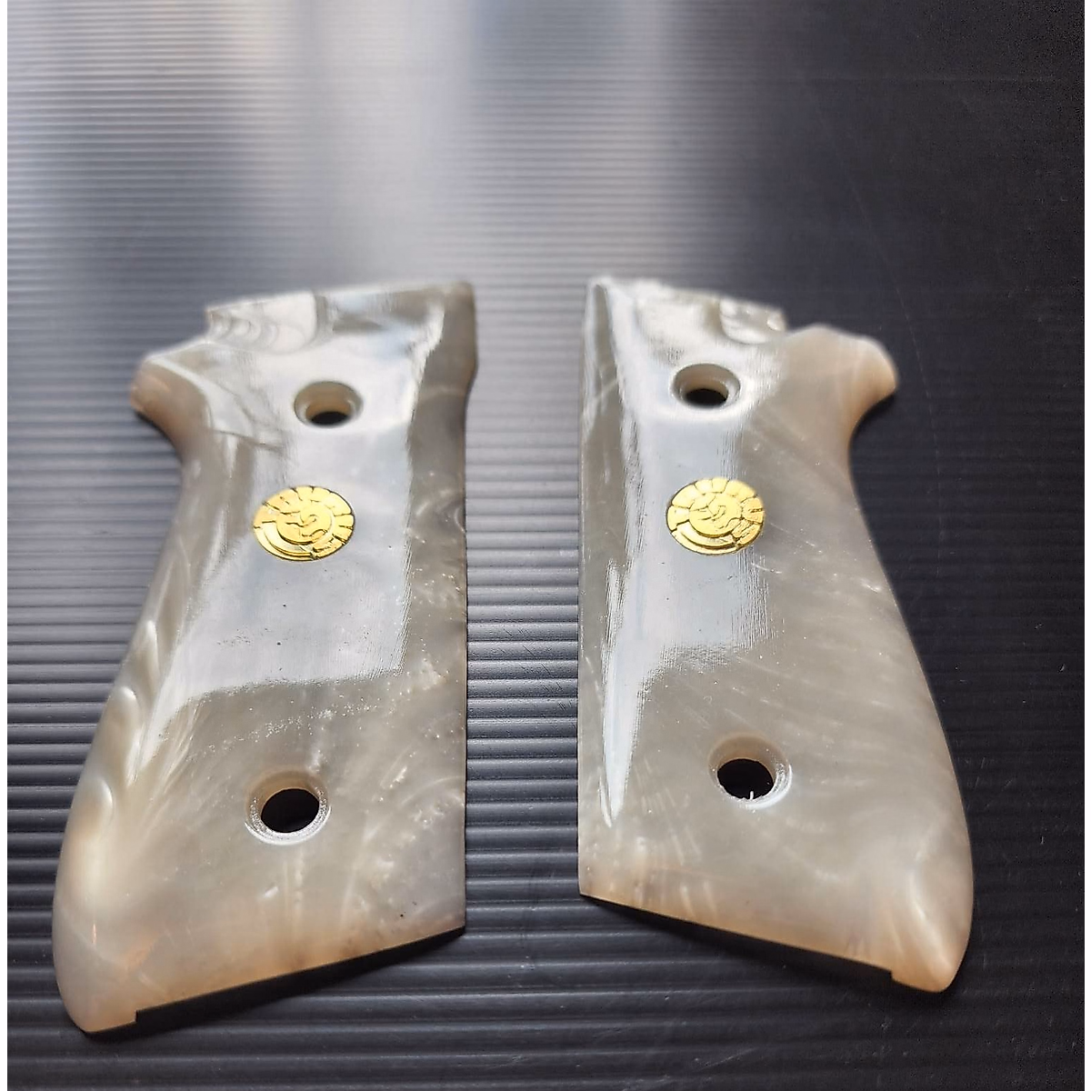 BMPL New Grips Compatible with Taurus Pt-92, Pt-99, Pt100, Pt101 Decocker, Smooth White Pearl Resin Polyester,Gold Medallion, Thai Handmade