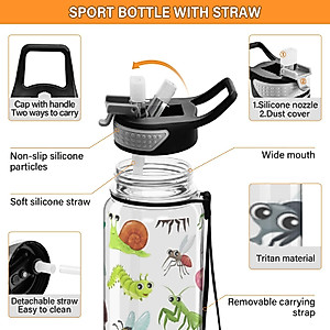 Boccsty Butterfly Bugs Kids Water Bottle with Straw Beetle Dragonfly Ladybug Bee Snail Sports Bottles BPA-Free Tritan Plastic Water Jug for Women Men Gym Outdoors