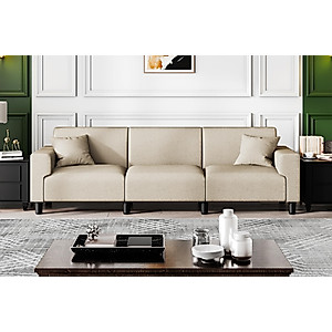 Shintenchi 94'' Sofa Couch, Modern Upholstered 3-Seater Sofa with Deep Cushion, Comfy Sleeper Sofa Couch with Two Pillows for Living Room, Lounge and Apartment, Brown