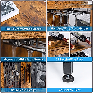 X-cosrack Wine Bar Rack Cabinet with Detachable Wine Rack, Coffee Bar Cabinet with Glass Holder, Small Sideboard and Buffet Cabinet with Mesh Door, Rustic Brown, Large