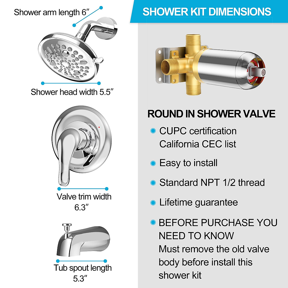 Gabrylly Tub Shower Kit, Tub and Shower Faucet Set with 9-Setting Rain Shower Head and Tub Spout, Single-Handle Tub and Shower Trim Kit, Shower Valve Include,Chrome
