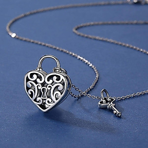 Cuoka Heart Locket Necklace That Hold Two Photos, 925 Sterling Silver Lock and Key Set, Mother Day Anniversary Birthday Gift for Women Girlfriend Daughter with Gift Box (Key & Heart)