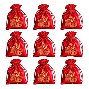 10Pcs Good Luck Fortune Gift Bags Drawstring Bag Chinese Silk Embroidered Brocade Bag Damask Jewelry Product Packing Pouch Christmas/Wedding Gift Bag,Red