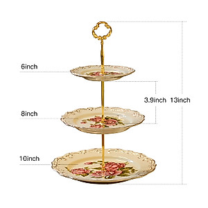 YOLIFE Red Rose Pattern 3 Tiered CupCake Stand, Emboss Golden Leaves Edge Porcelain 3 Tier Pastry Stand Desert Stand