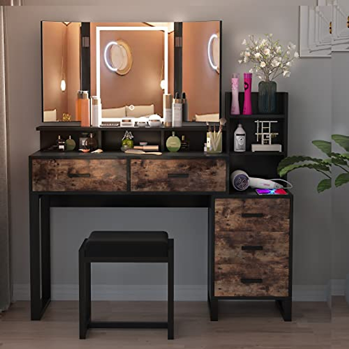 PAKASEPT Vanity Set with Lighted Tri-fold Mirror, Vanity Desk with Charging Station, 3-Color Adjustable Touch Light, 5 Drawers, Storage Shelves&Cushioned Stool Makeup Vanity for Bedroom, Black