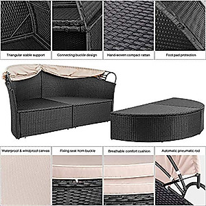 Devoko Patio Furniture Outdoor Round Daybed with Retractable Canopy Wicker Rattan Separated Seating Sectional Sofa for Patio Lawn Garden Backyard Porch Pool