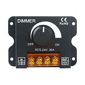 RGBZONE LED Light Strip Dimmer, DC 5V/12V/24V 30A PWM Dimming Controller, Knob Adjust Brightness ON/Off Switch for Single Color LED Light Strips, Metal Shell LED Light Strip Dimmer (Single Color)