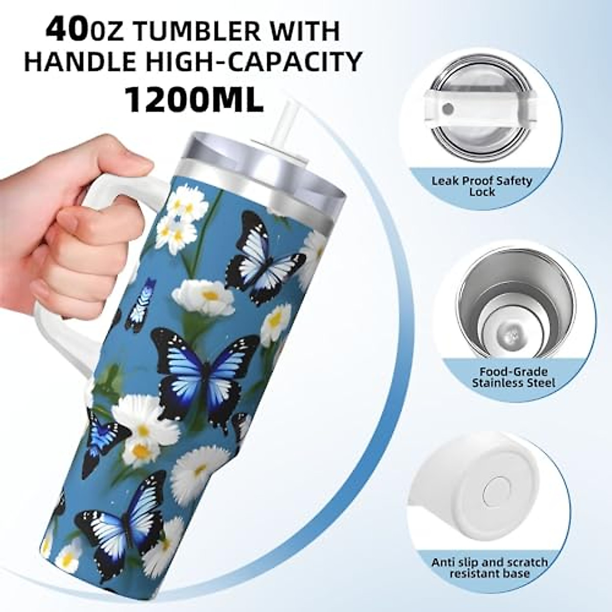 HULIBIN Blue Butterflies White Flowers Print Double Deck Stainless Steel Travel Coffee Cup With Lid 40 Oz Ice Bully Cup