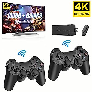 FUNTELL Wireless Retro Game Console, Plug & Play Video TV Game Stick With 10000+ Games Built-in, 64G, 9 Emulators, 4K HDMI Output for TV with Dual 2.4G Wireless Controllers