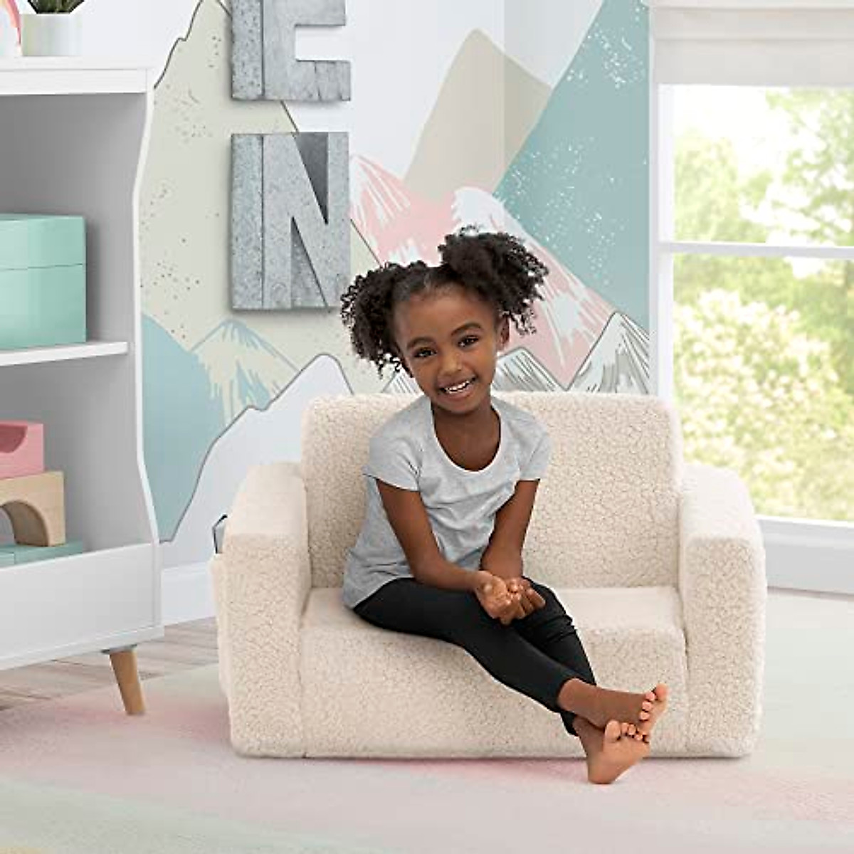 Delta Children Cozee Flip-Out Sherpa 2-in-1 Convertible Chair to Lounger for Kids, Cream
