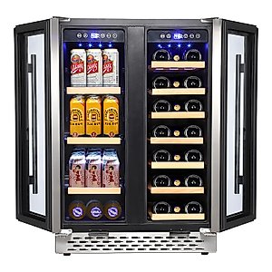 Acekool Wine and Beverage Refrigerator, 55 Cans and 20 Bottles Large Dual Zone Wine Cooler with Quiet Compressor, Blue LED, Dual Zone Temperature 24 Inch Under Counter Wine Fridge for Home Bedroom