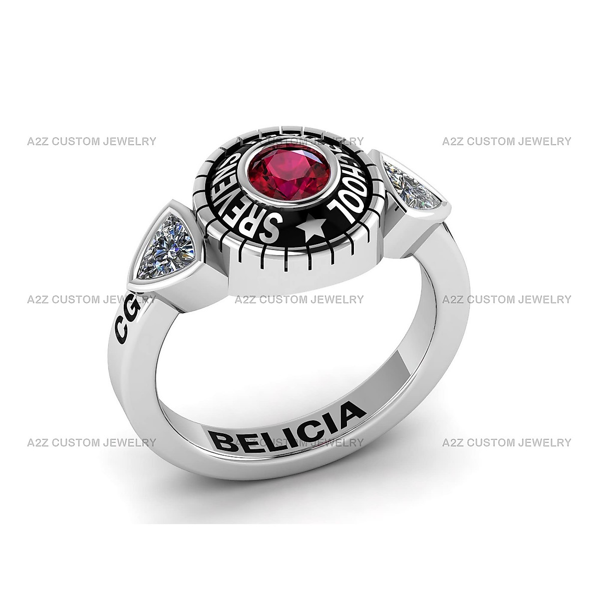 A2Z CUSTOM JEWELRY Customized Women’s High School and College ROUND CZ birthstone Class Ring | Personalized Sterling Silver with trillion moissanite accents