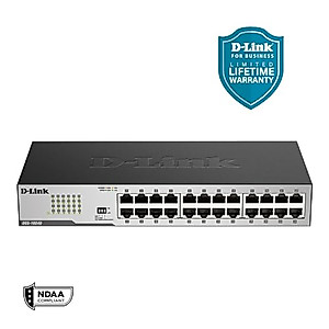 D-Link DGS-1024D, Ethernet Switch, 24 Port Gigabit Unmanaged Fanless Network Hub Desktop or Rack Mountable, Black