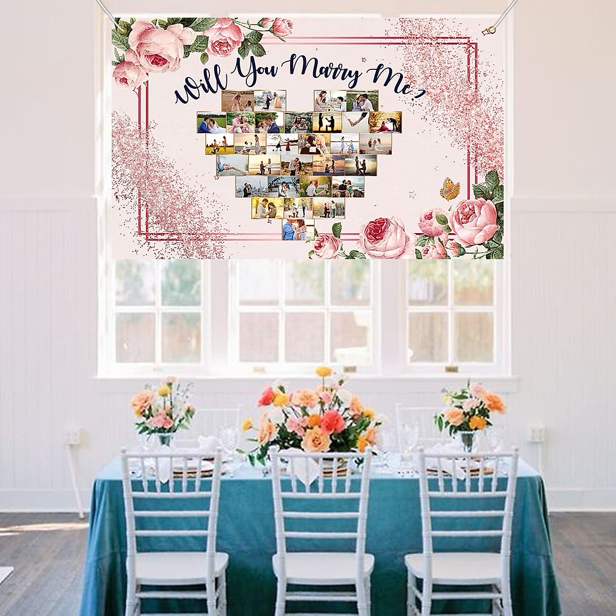 MEFENG Will you marry me Photo Backdrop Banner-Rose and Love shape Sign Photo Banner-Proposal Announcement Engagement Wedding Bridal Shower Party Decor-Indoor Outdoor Photo Backdrop Banner.6*3.6feet