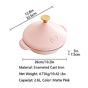 2.6L Moroccan Tagine, Enameled Cast Iron Cooking Pot, Tajine Pot with Cone-Shaped Closed Lid for Stew Casserole Slow Cooker Cookware (Matte Pink)