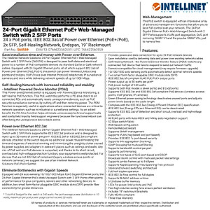 Intellinet 24 Port PoE Web Managed Gigabit Ethernet Switch with 2 SFP Ports - 240W Power Budget, Self Healing Network, SNMP Management, Endspan, 19" Rackmount - 3 Yr Mfg Warranty - 560559