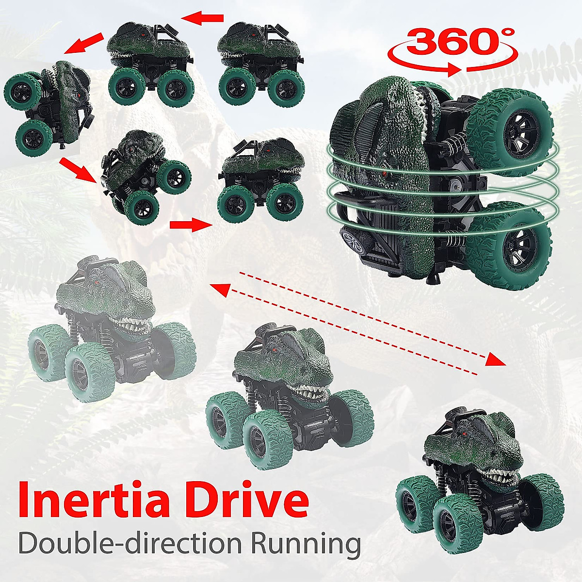 4 Pack Monster Truck Toys for Boys, Toddler Pull Back Cars Friction Powered Cars for Kids, Dinosaur Toys for 3 4 5 6 Year Old Boys Girls Christmas Birthday Party Gift for Kids