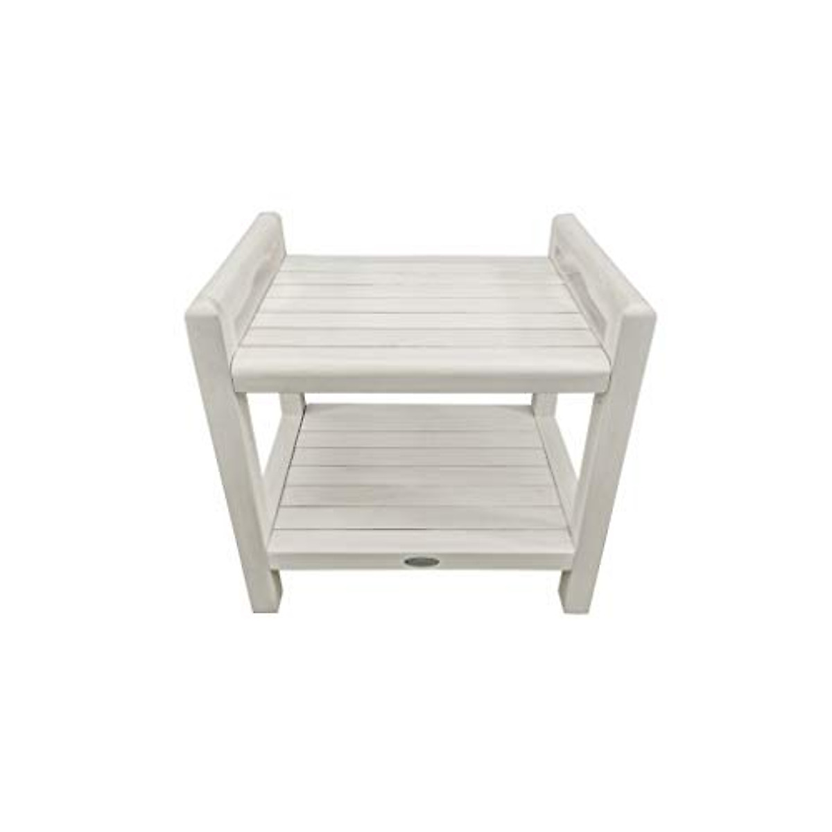 EcoDecors Coastal Vogue White Wash Eleganto 20" Teak Shower Stool with LiftAid Arms and Shelf
