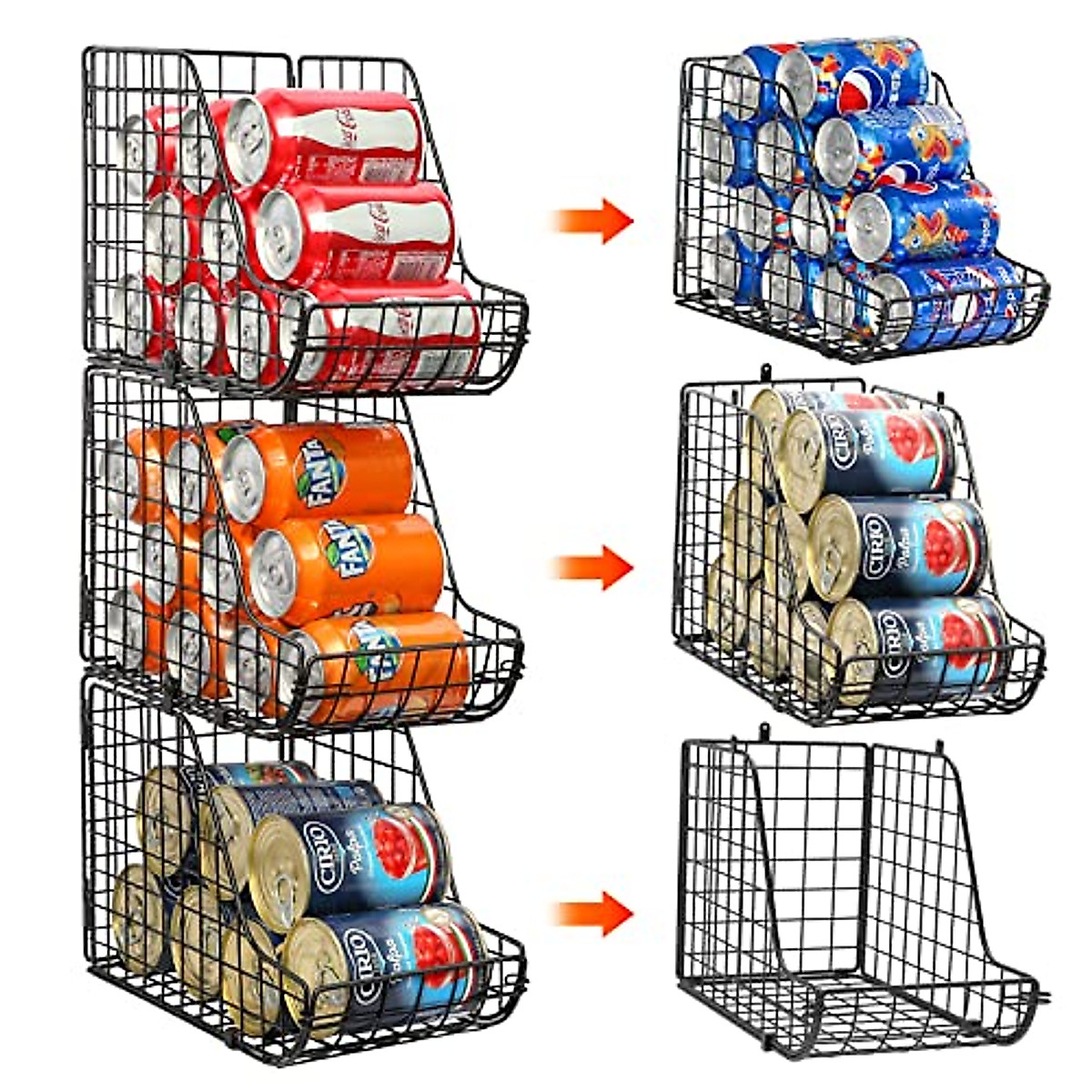 X-cosrack Standing Stackable Can Dispenser Storage Organizer Bins-3 Pack, Metal Wire Basket Beverage Pop Soda Rack Stand Kitchen Pantry Countertop Cabinets,Stacking Canned Food Holder-Patent Pending
