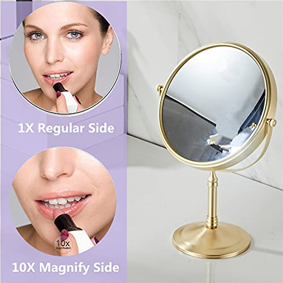 HIHIA Brushed Gold Makeup Mirror Tabletop, Double-Side 1X-10X, Freestanding 360 Swivel Cosmetic Vanity Mirror for Table Desk, Made of Copper， No Light Brushed Gold (8 Inch, 10X)