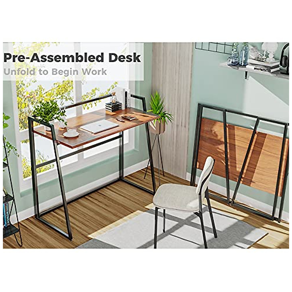 41 Inch Small Walnut & Black Folding Computer Desk, Sturdy Heavy Duty Foldable Table for Small Spaces Home Office Bedroom Outdoor Work Study Writing Collapsible Portable with Metal Legs, EPA Certified