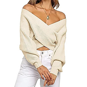 BTFBM Women Casual V Neck Long Sleeve Sweaters Cross Wrap Front Off Shoulder Asymmetric Hem Knitted Crop Solid Pullover(Solid Apricot, Small)