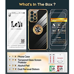 LeYi for Galaxy A53 5G Phone Case: with Tempered Glass Screen Protector [2 Pack] 360° Rotatable Ring Holder Magnetic Kickstand, Plating Rose Gold Edge Protective Case, Black