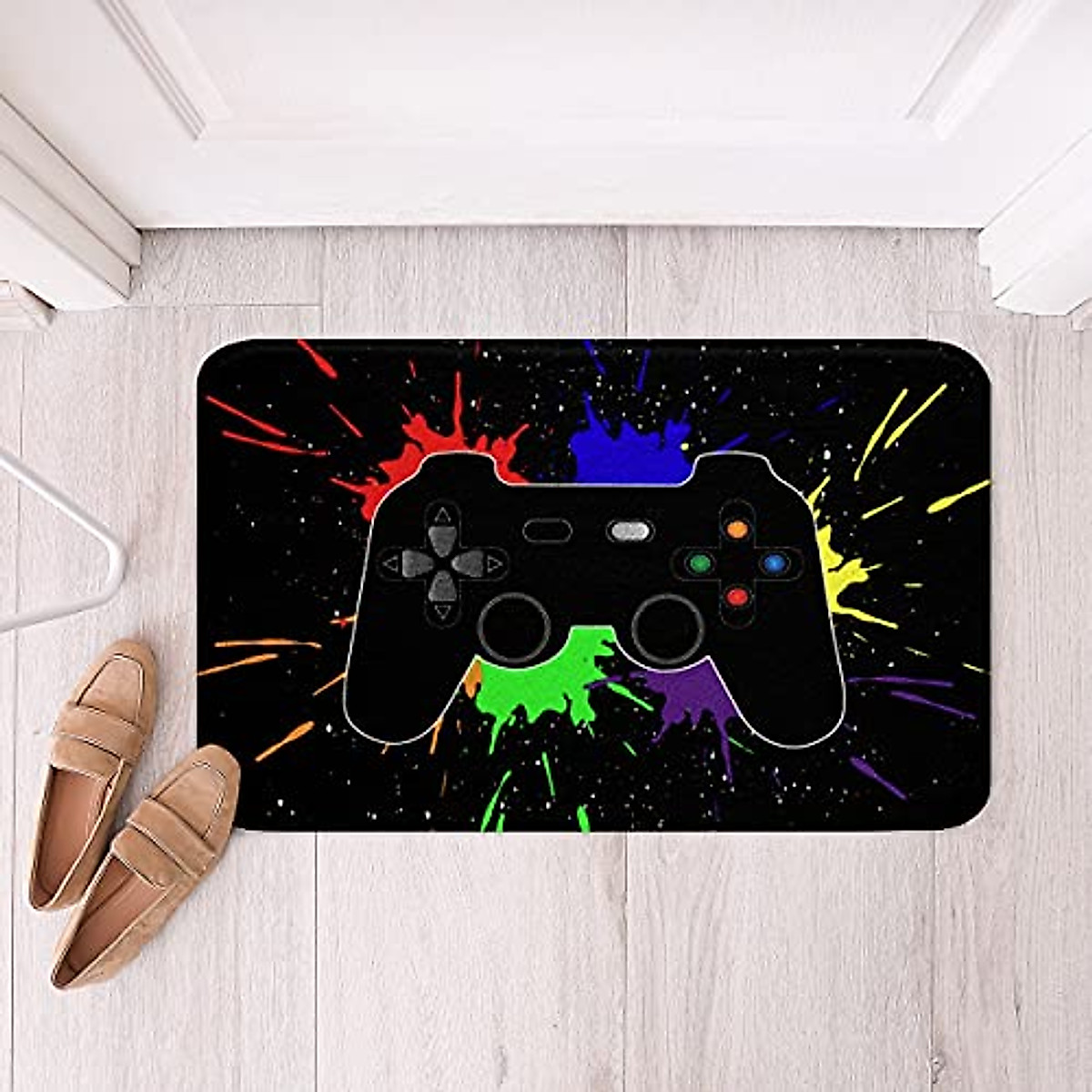 Gamer Rug Tie Dye Bathroom Rugs, Gaming Console Area Rug 20"X32" Game Room Decor, Gamepad Galaxy Sky Door Mat Fleece Fabric, Video Games Carpet Fall Door Mat