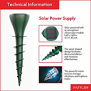 PATTLER® Mole Repellent Solar Powered | Innovative Screw-Shape Design | 8,000 Sq Ft Coverage | Best Snake Repellent for Yard, Great for Getting Rid of Moles and Voles | Gopher Repellent | 2 Units