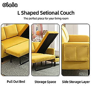 Olela Pull Out Sleeper Sofa Couch,Velvet Convertible Sofa Bed L Shape Sectional Sofa with Storage Chaise and Pocket for Living Room (Mustard)