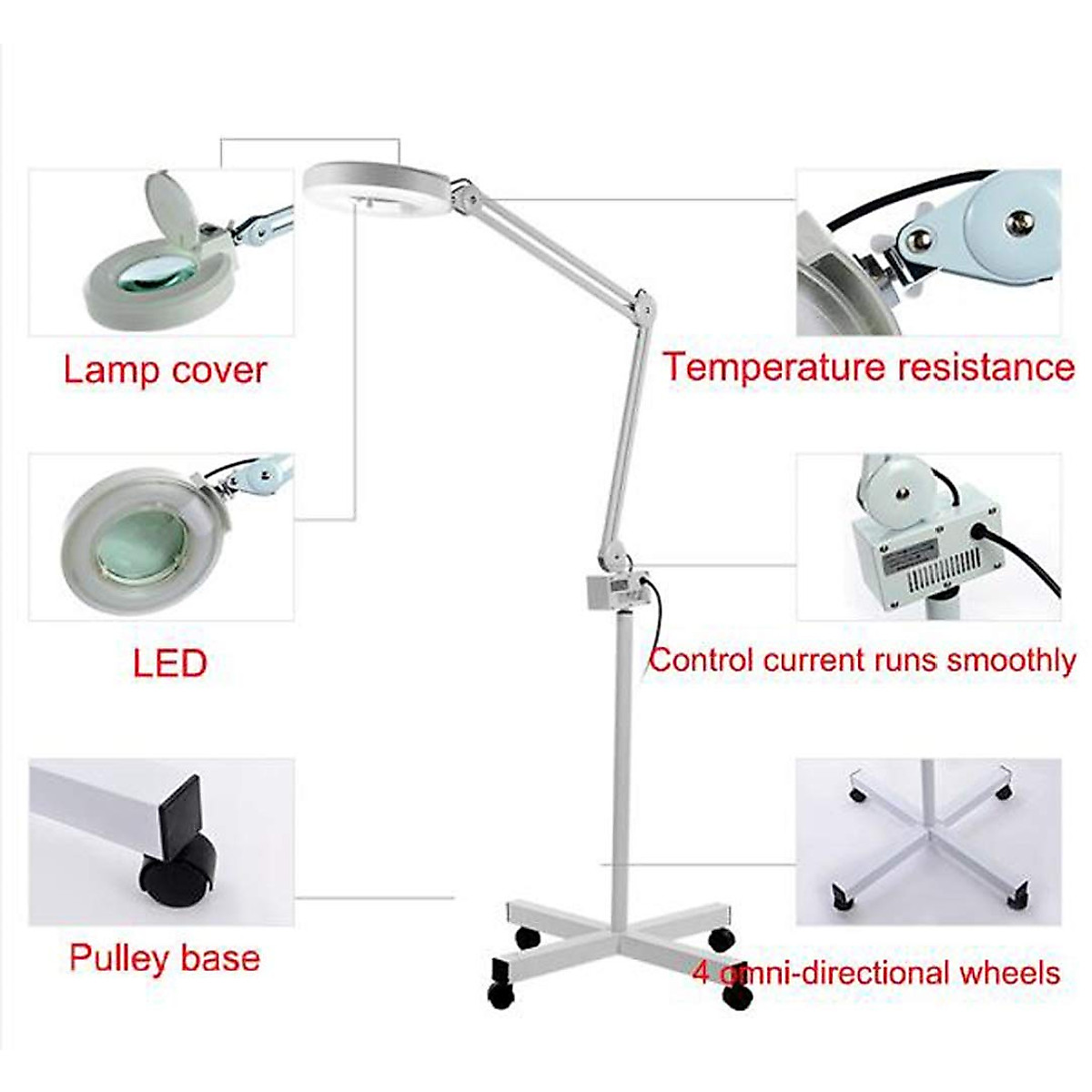 Magnifier, LED Facial Magnifier Lamp,5X Magnifying Adjustable Rolling Floor Stand 4 Wheels Swivel Arm for Salon Beauty Manicure Tattoo Skincare Equipment