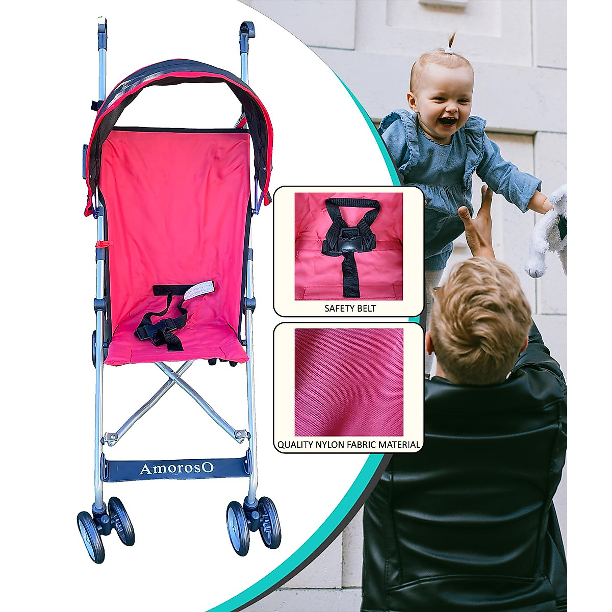 AmorosO Single Umbrella Stroller for Toddler, Travel Stroller for Babies - Sunlight and Light Rain Protection - Baby Stroller with Four EVA Wheels - Travel-Ready Stroller - Round Canopy (Red/Black)