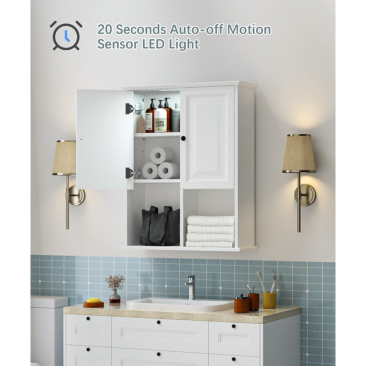 HAIOOU Bathroom Wall Cabinet with Motion Sensor LED Light, Wooden Medicine Cabinet Wall Mounted Cupboard, Over Toilet Storage Cabinet with Buffering Hinges and Adjustable Shelf - Modern White