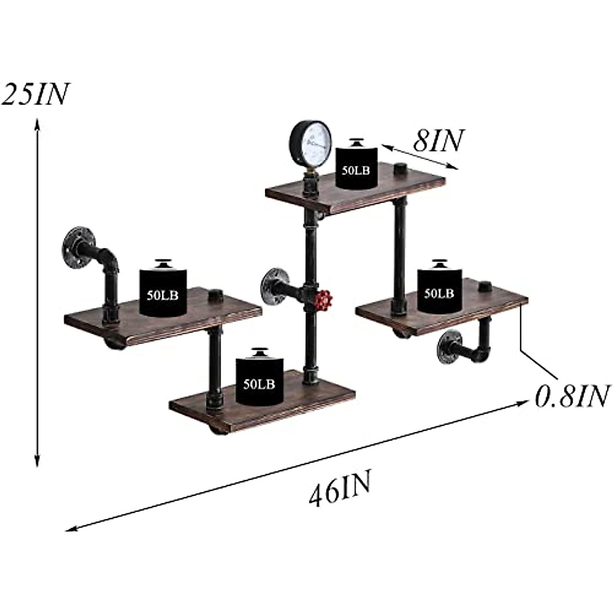 BOSURU Industrial Floating Pipe Wall Shelves Rustic Wood Shelving 4 Layer Ladder Hanging Bookshelf for Bedroom Office Decor
