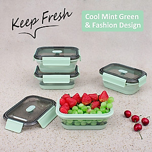 Annaklin Collapsible Food Storage Containers with Lid & Air Vent, Clear Stacking Silicone Collapsible Food Container Set, Microwave Freezer Dishwasher Safe Space-Saver, Set of 4, Mint Green