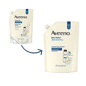 Aveeno Skin Relief Fragrance-Free Body Wash Refill with Oat to Soothe Itchy, Dry Skin, Gentle, Formulated without Soaps, Dyes, Parabens, Phthalates & Alcohol, for Sensitive Skin, 36 fl. oz