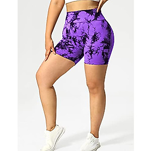 QOQ Womens Tie Dye Workout Biker Shorts Yoga Scrunch Booty High Waisted Tummy Control Athletic Short Leggings Violet L