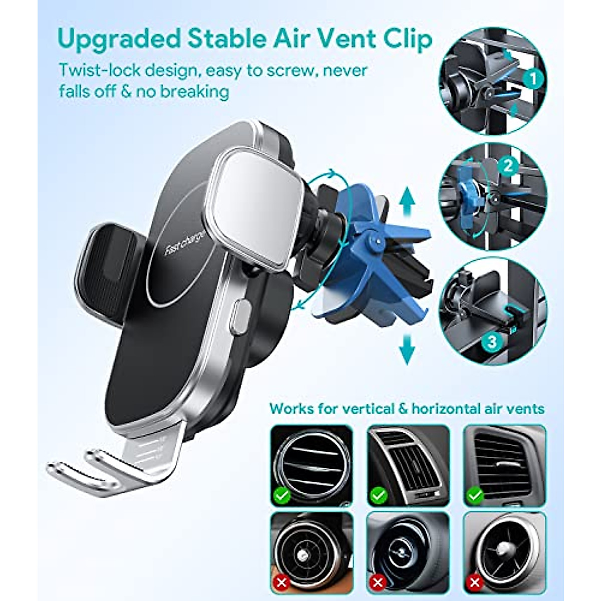 Wireless Car Charger, 15W Auto-Clamping Car Charger Mount, Air Vent Car Charging Holder for iPhone 14/14 Pro/13/13 Pro /12/12 Pro/ 11/11 Pro/Xr/Xs/X/8, Samsung S23/S22/S21(with QC 3.0 Car Charger)