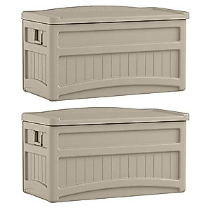 Suncast 73-Gallon Resin Outdoor Patio Storage Deck Box with Seat, Taupe (2 Pack)